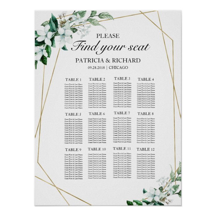 12 Tables Wedding Seating Plan Greenery Geometric Poster - BrideKraft